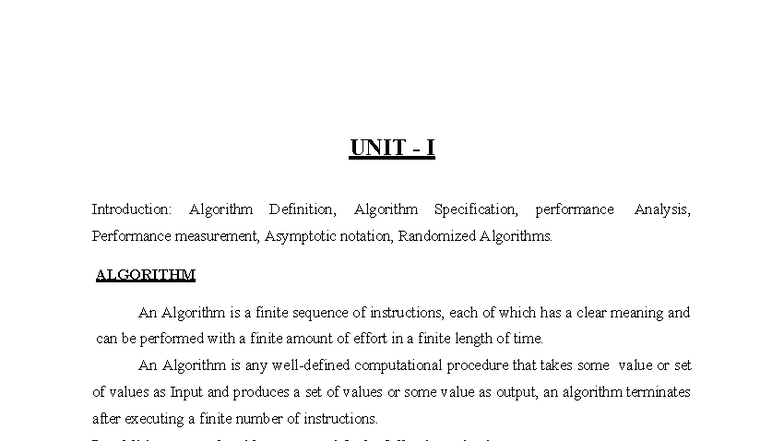 DAA UNIT-I Introduction - UNIT - I Introduction: Algorithm Definition, Algorithm Specification ...