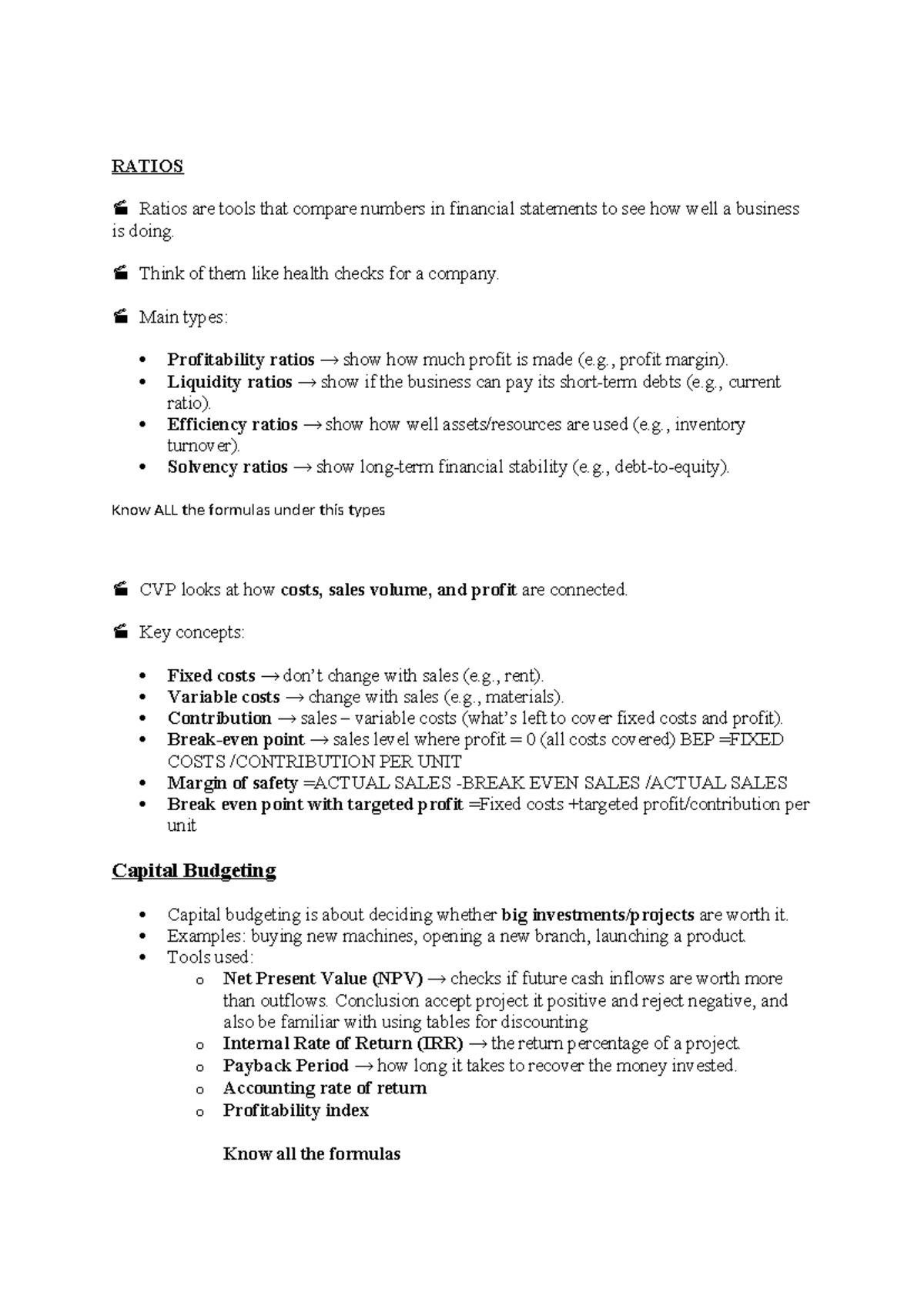 Summary of Financial Ratios and Capital Budgeting Concepts - Studocu