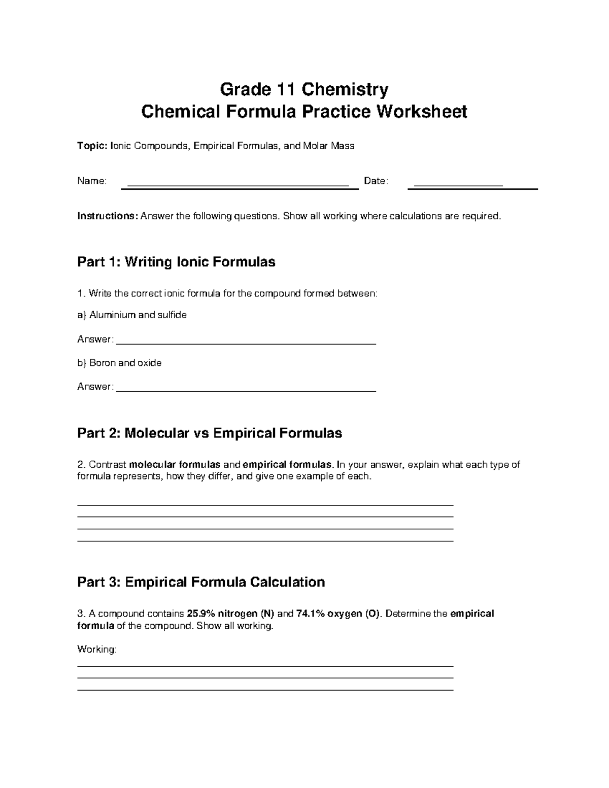 Grade 11 Chemistry: Ionic Compounds & Empirical Formulas Worksheet ...