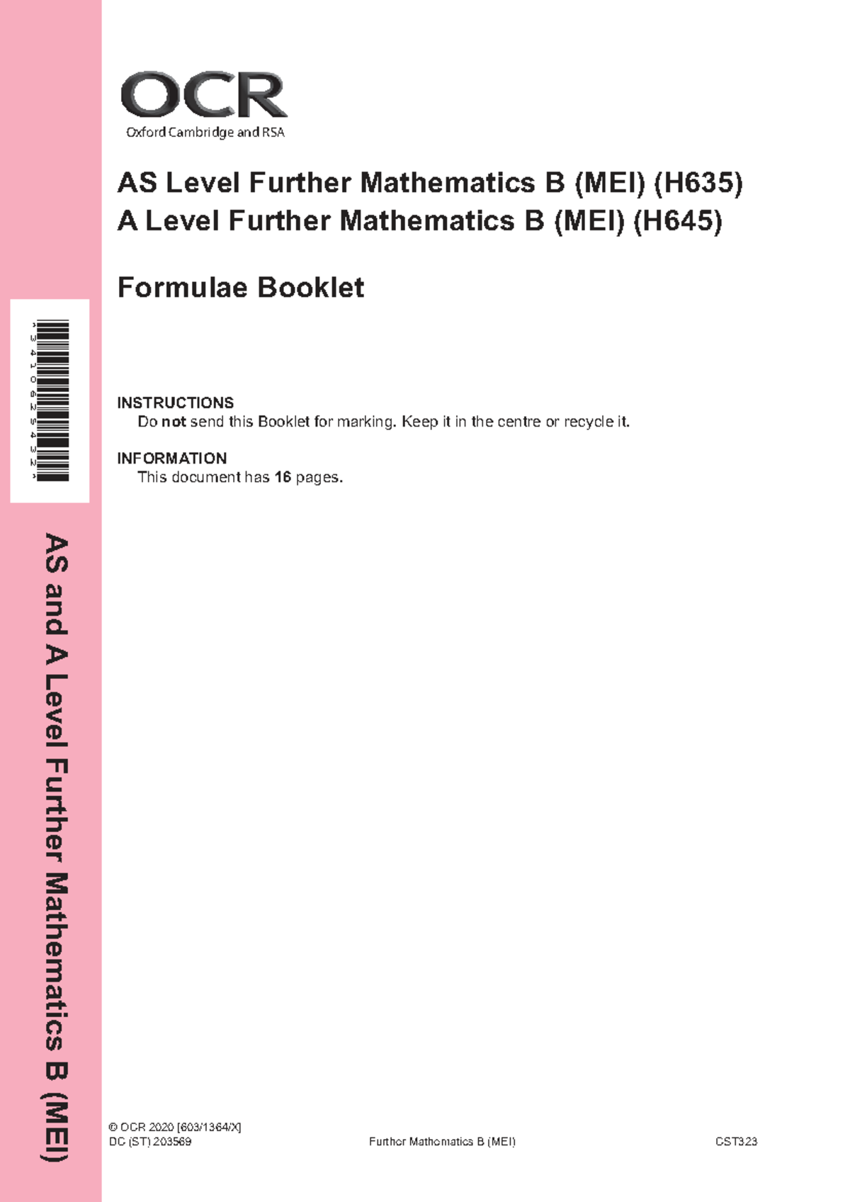 Further Mathematics B (MEI) (H635/H645) Formulae Booklet 2020 - Studocu