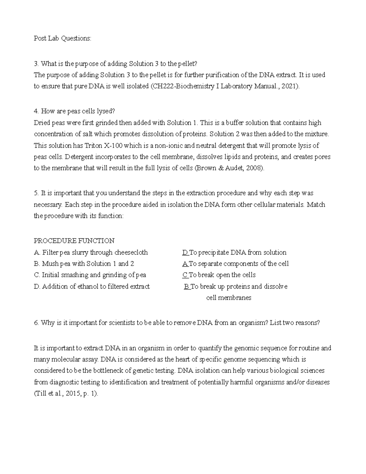 CH222-Biochemistry I Lab: Exp 4 Post Lab Analysis & DNA Isolation ...