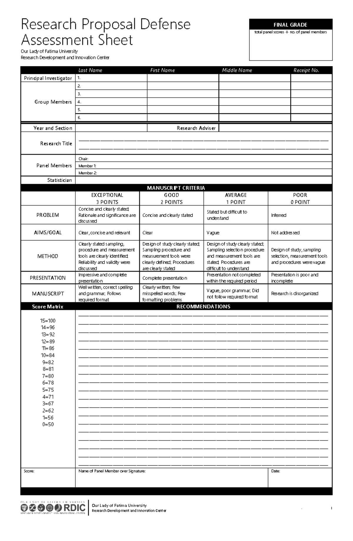 Research Proposal Defense Assessment Rubric - FINAL GRADE - Studocu