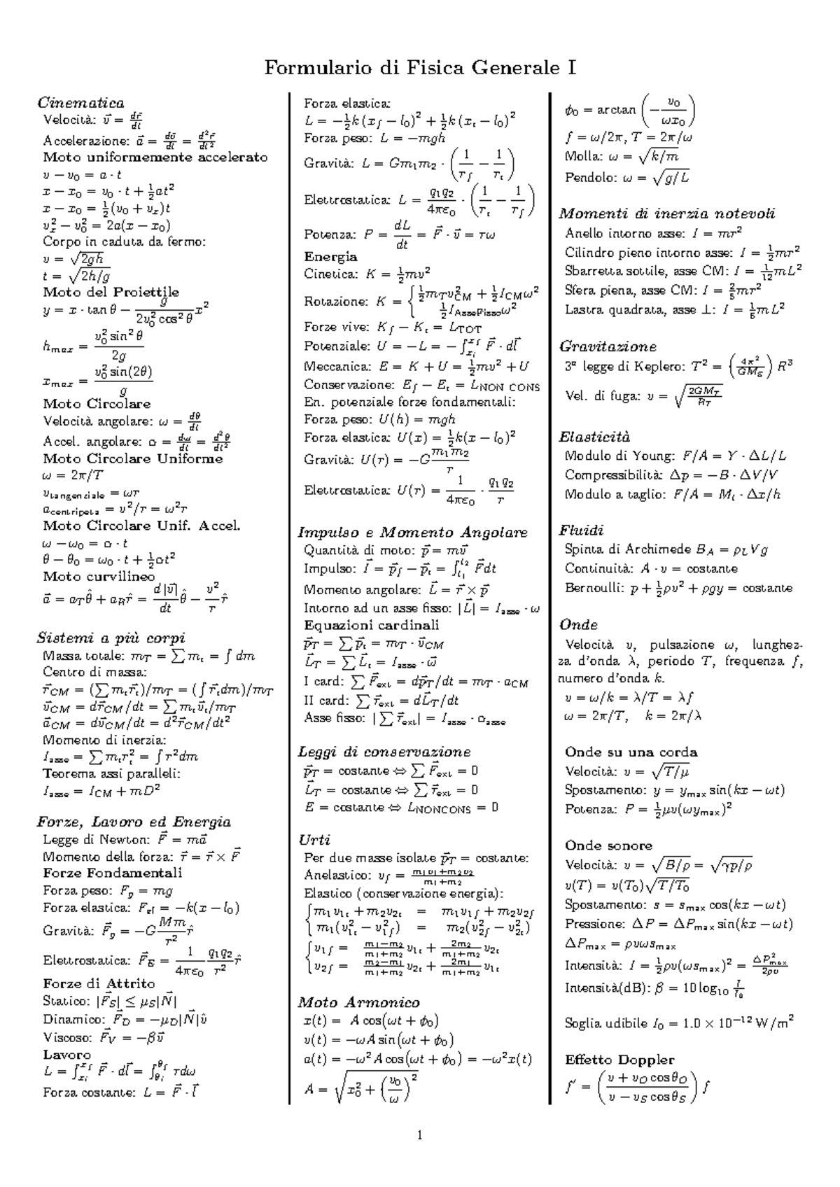 Formulario di Fisica Generale I: Formule per Esame - Studocu