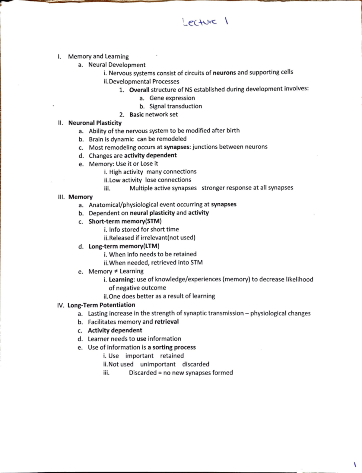 Memory and Learning - Stern Lecture Notes - Lecture I. Memory and ...