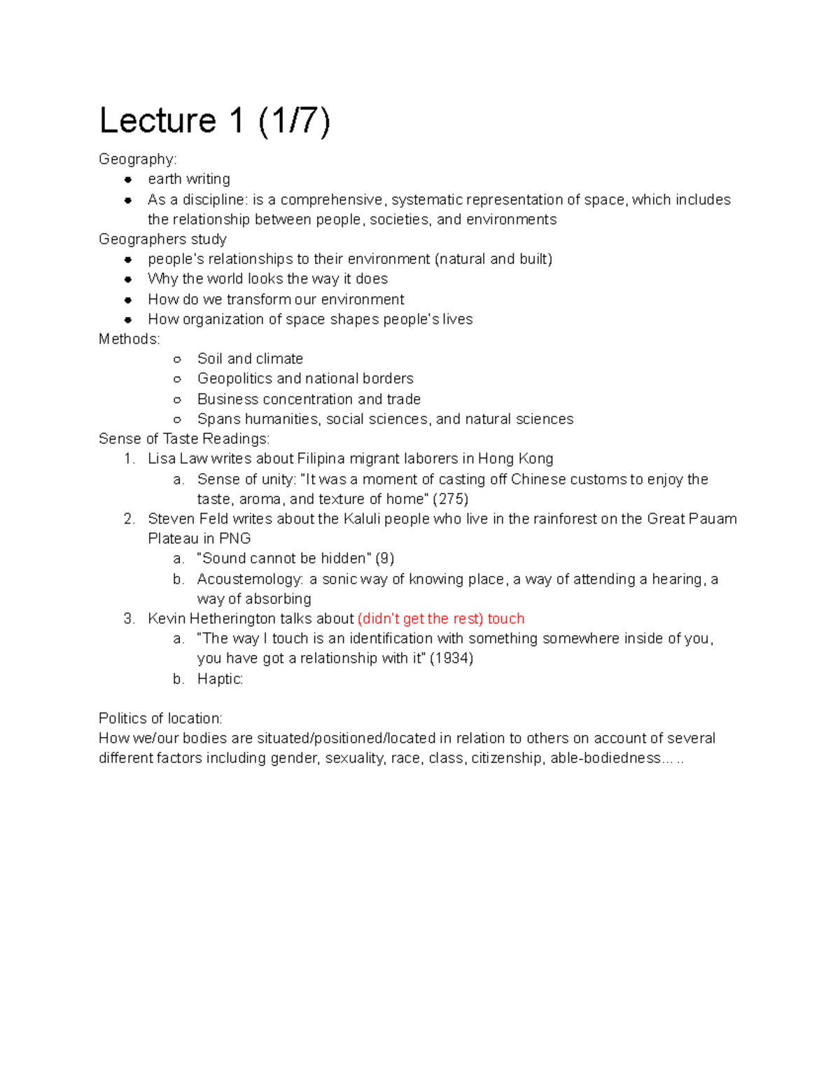 GEOG 3 Lecture notes - Lecture 1 (1/7) Geography: earth writing As a ...