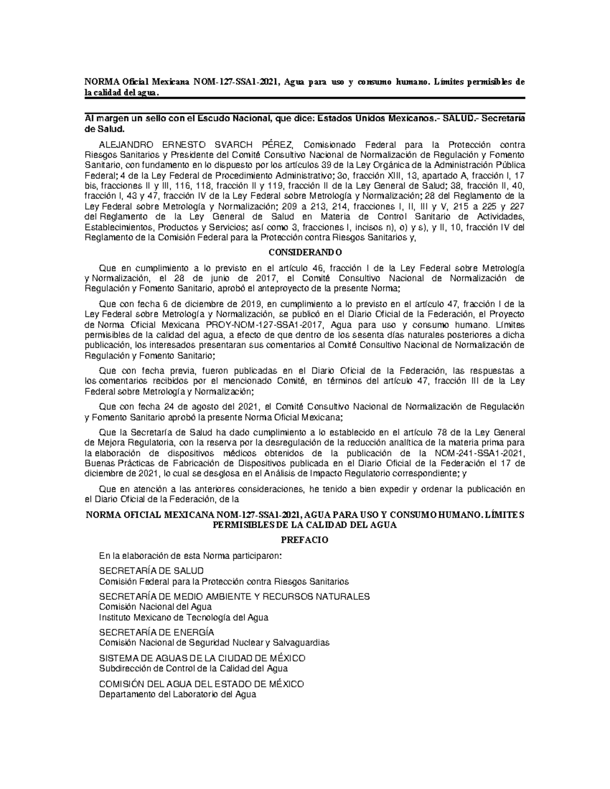 Norma Oficial Mexicana NOM-127-SSA1-2021 sobre Calidad del Agua Humana - Studocu
