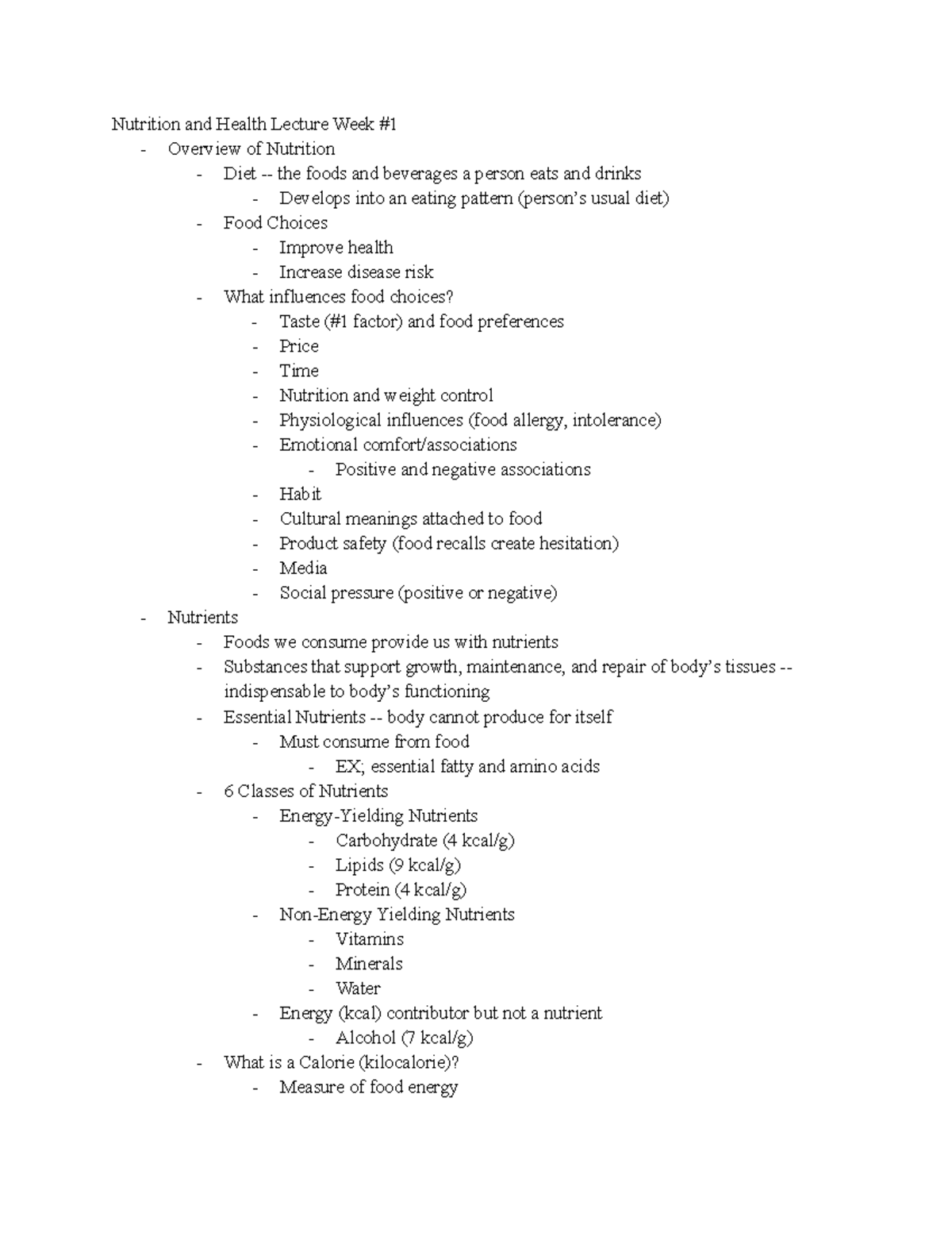 Nutrition and Health Exam 1 - Comprehensive Lecture Notes - Studocu