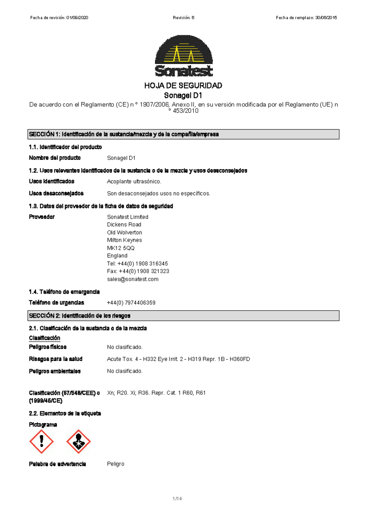 Hoja de Seguridad Sonagel D1 - Revisión 6 - Studocu