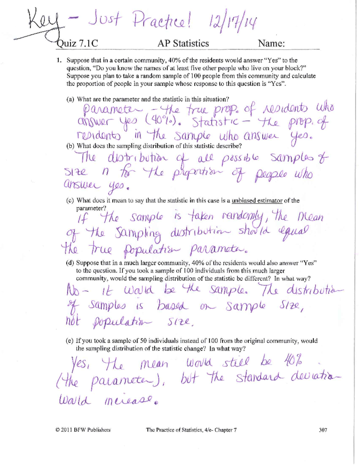 AP Statistics Quiz 7.1C - Key Practice Materials - Studocu