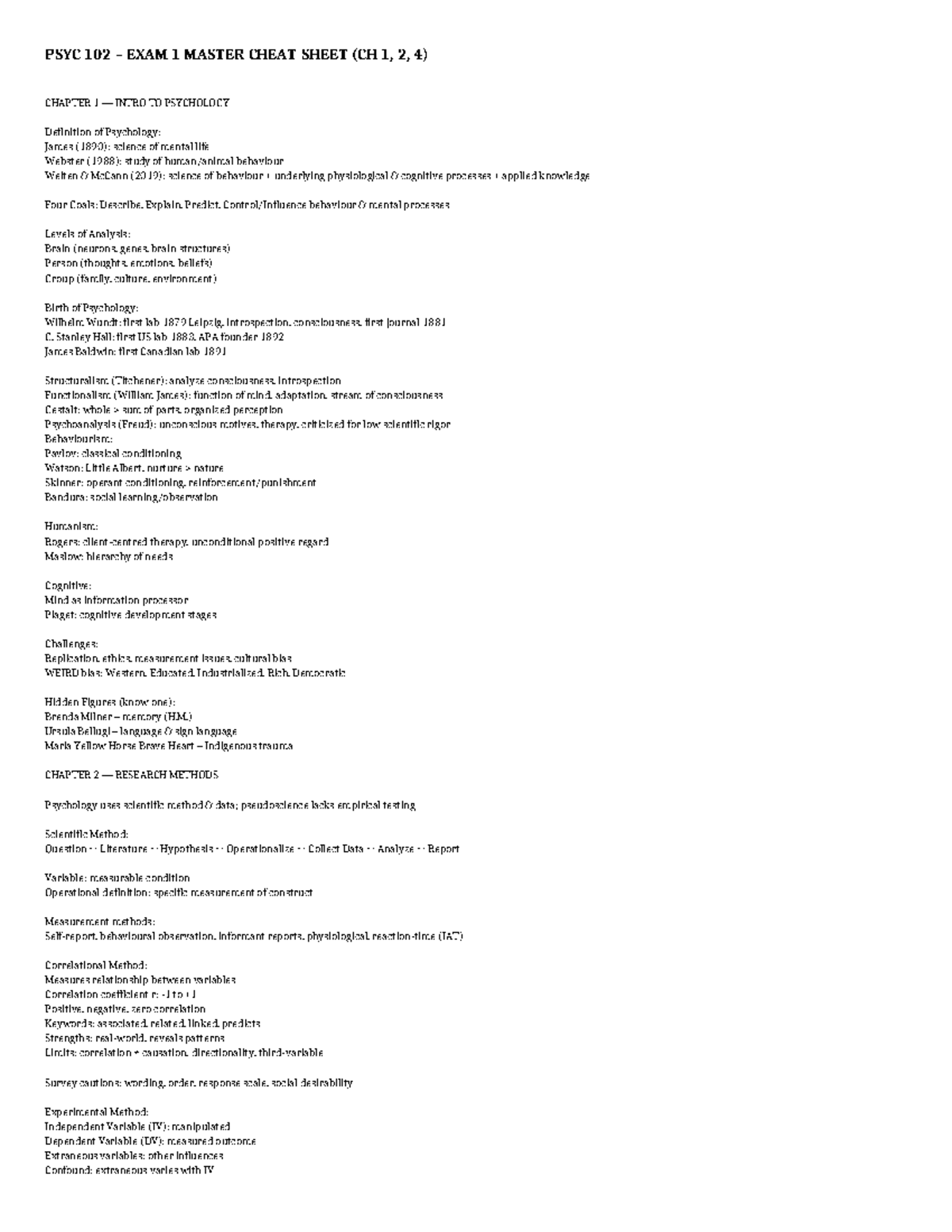 PSYC 102 EXAM 1 CHEAT SHEET: CH 1 & 2 PSYCHOLOGY OVERVIEW - Studocu