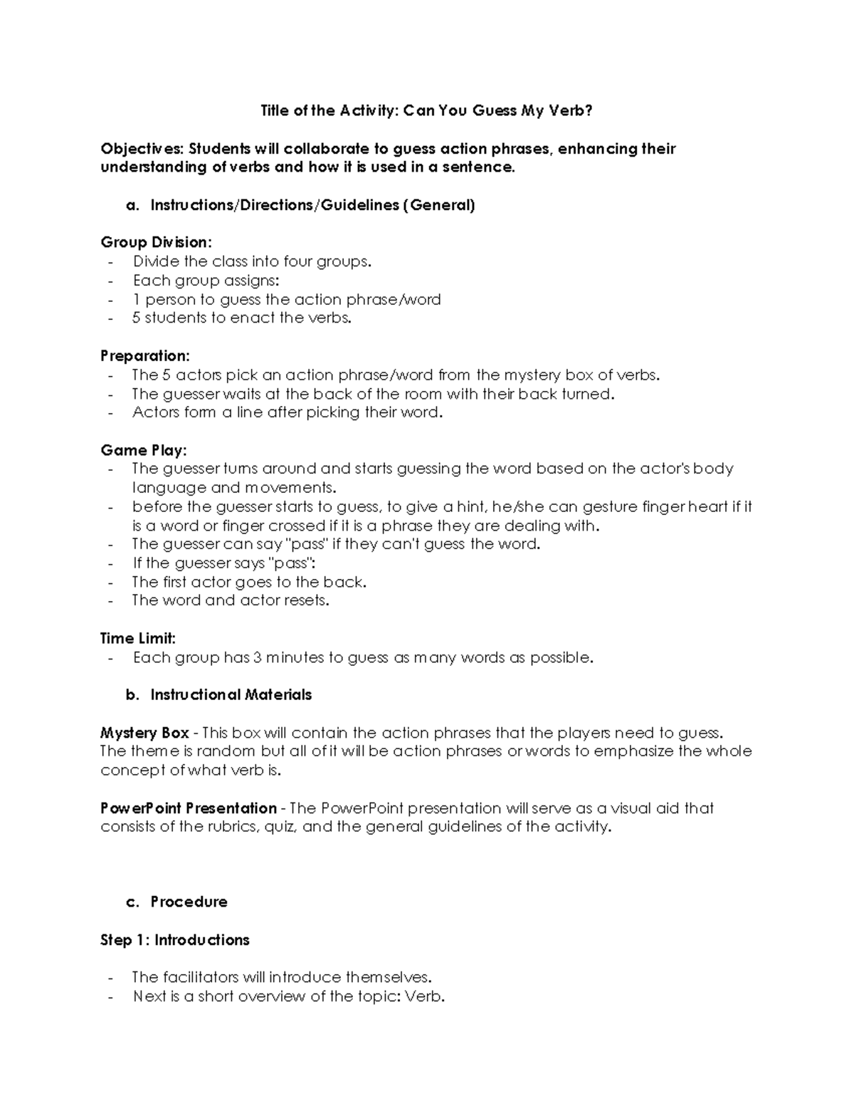 Group 2 Activity: Can You Guess My Verb? - Engaging Verb Game - Studocu