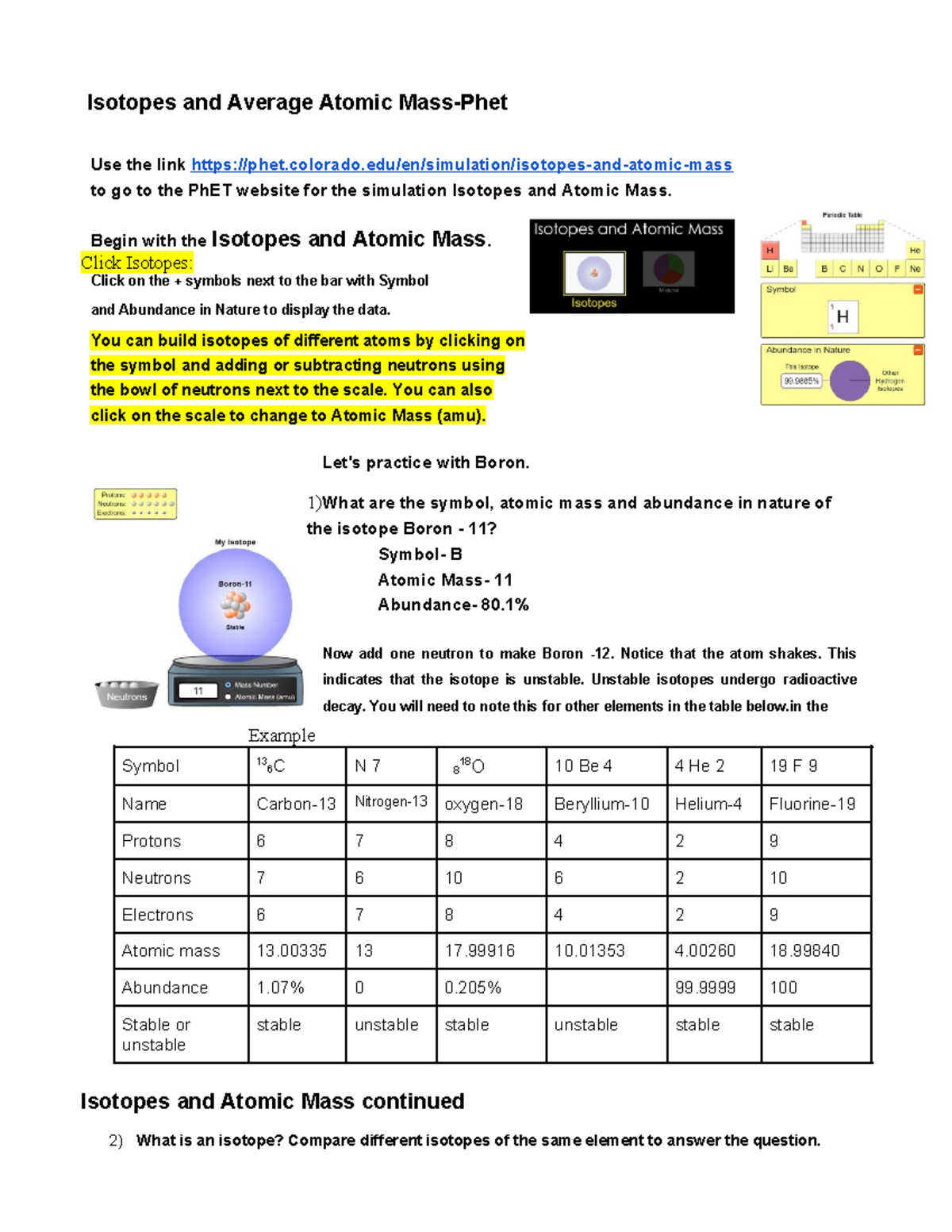 Isotopes and Average Atomic Mass - PhET Simulation Guide - Studocu