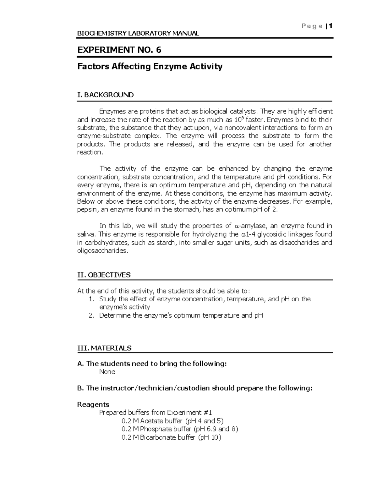Experiment 6: Factors Affecting Enzyme Activity in Biochemistry Lab ...
