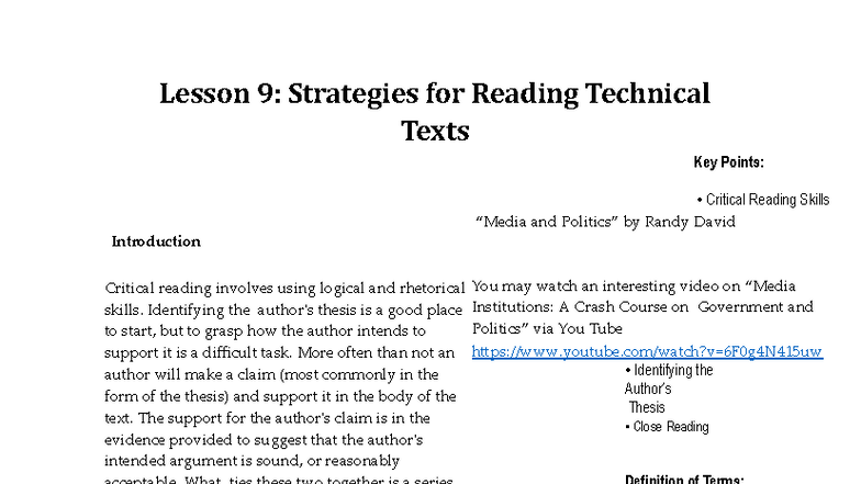 Lesson 09: Strategies for Critical Reading of Technical Texts - Studocu