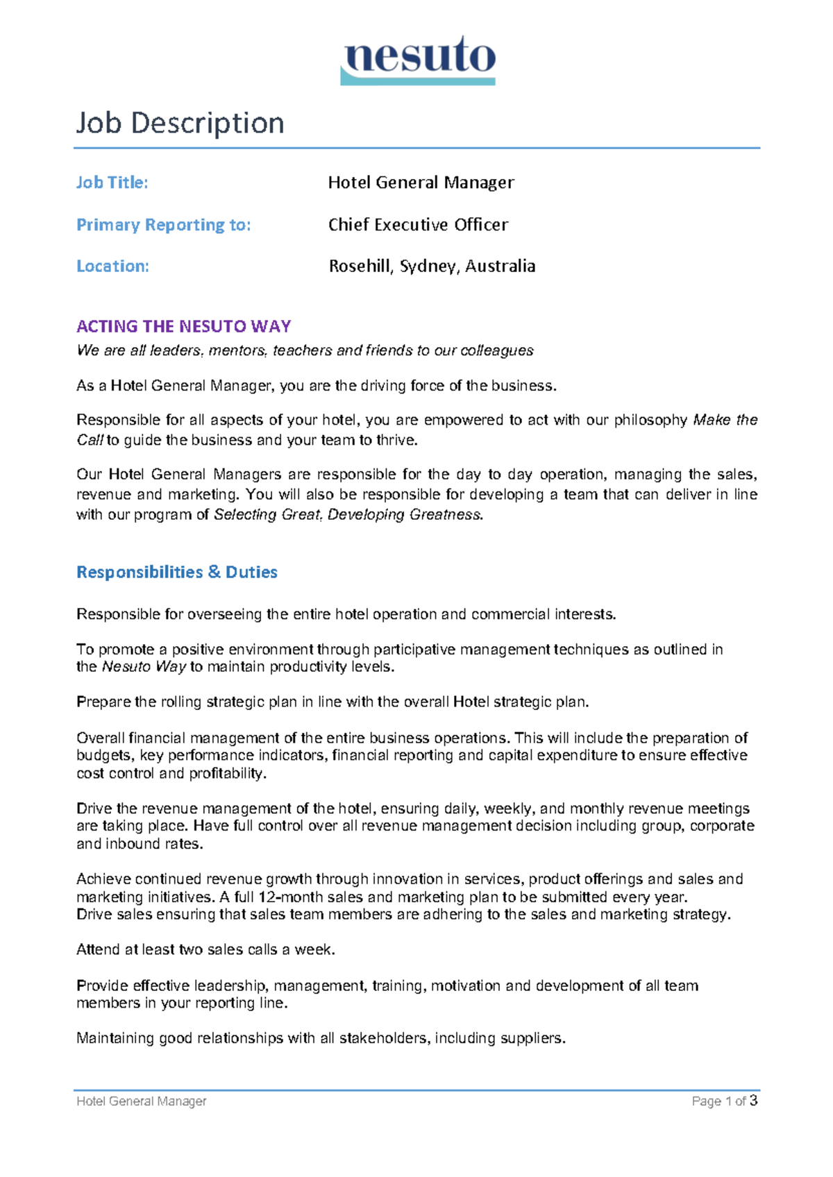 Hotel GM Job Description at Nesuto, Sydney: Roles & Responsibilities ...