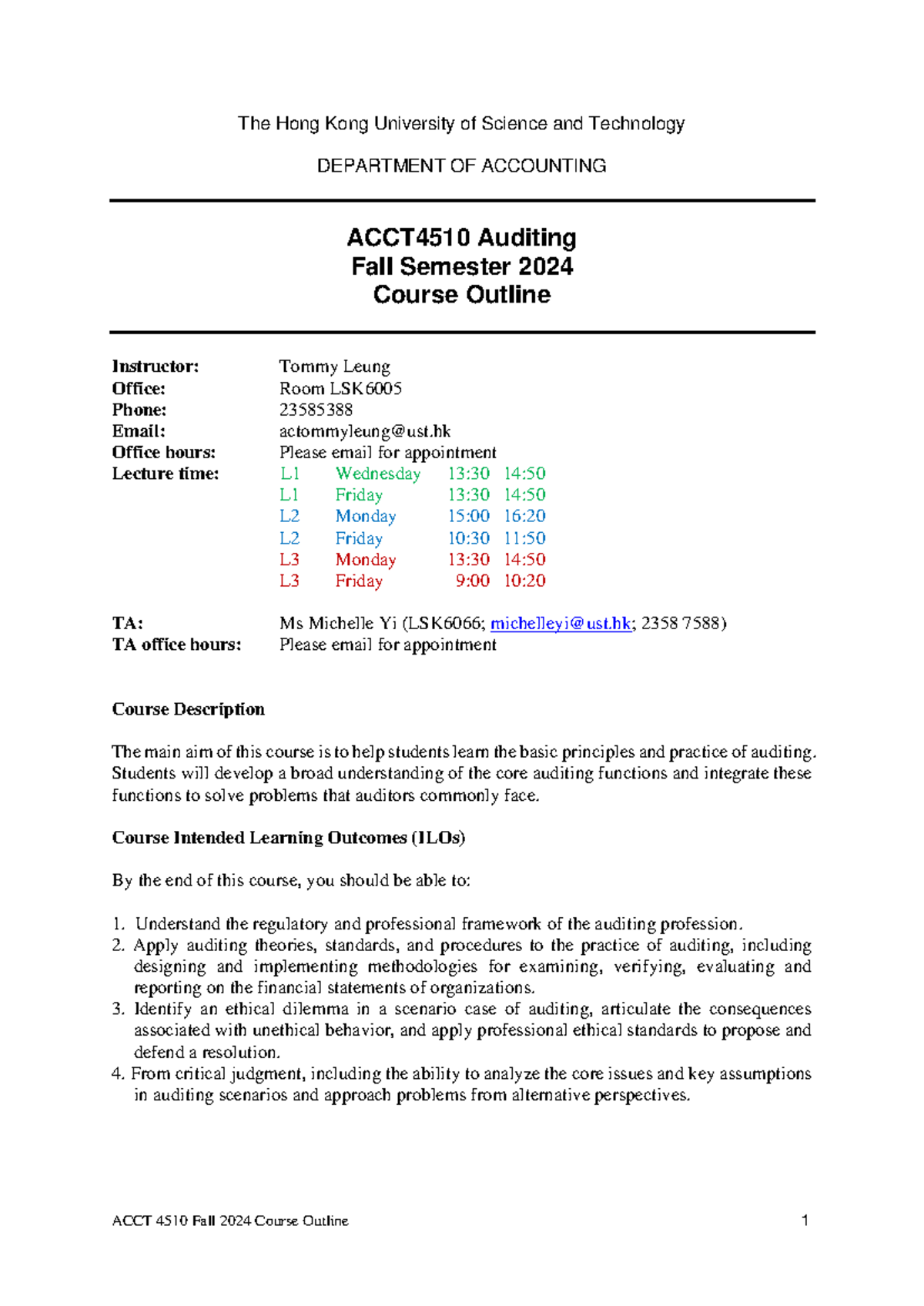 ACCT4510 Auditing Course Outline: Fall Semester 2024 - Studocu