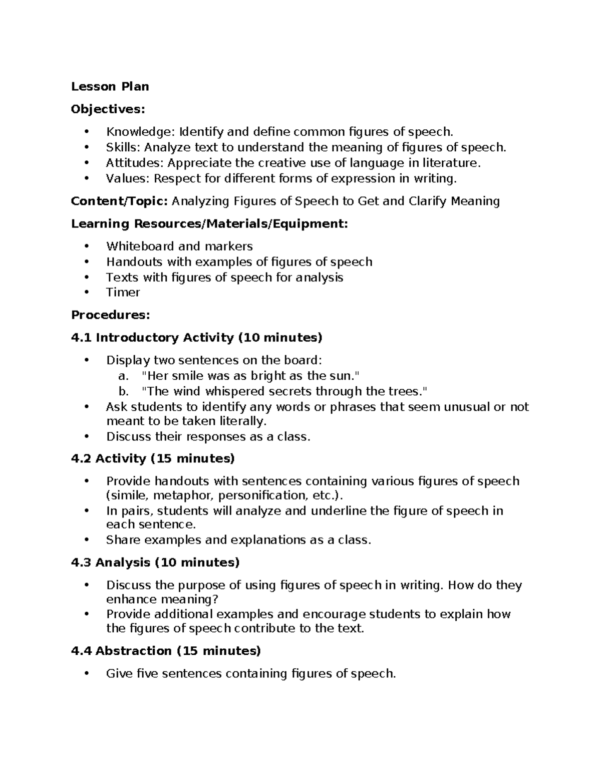 ENG 202: Lesson Plan on Analyzing Figures of Speech for Meaning - Studocu