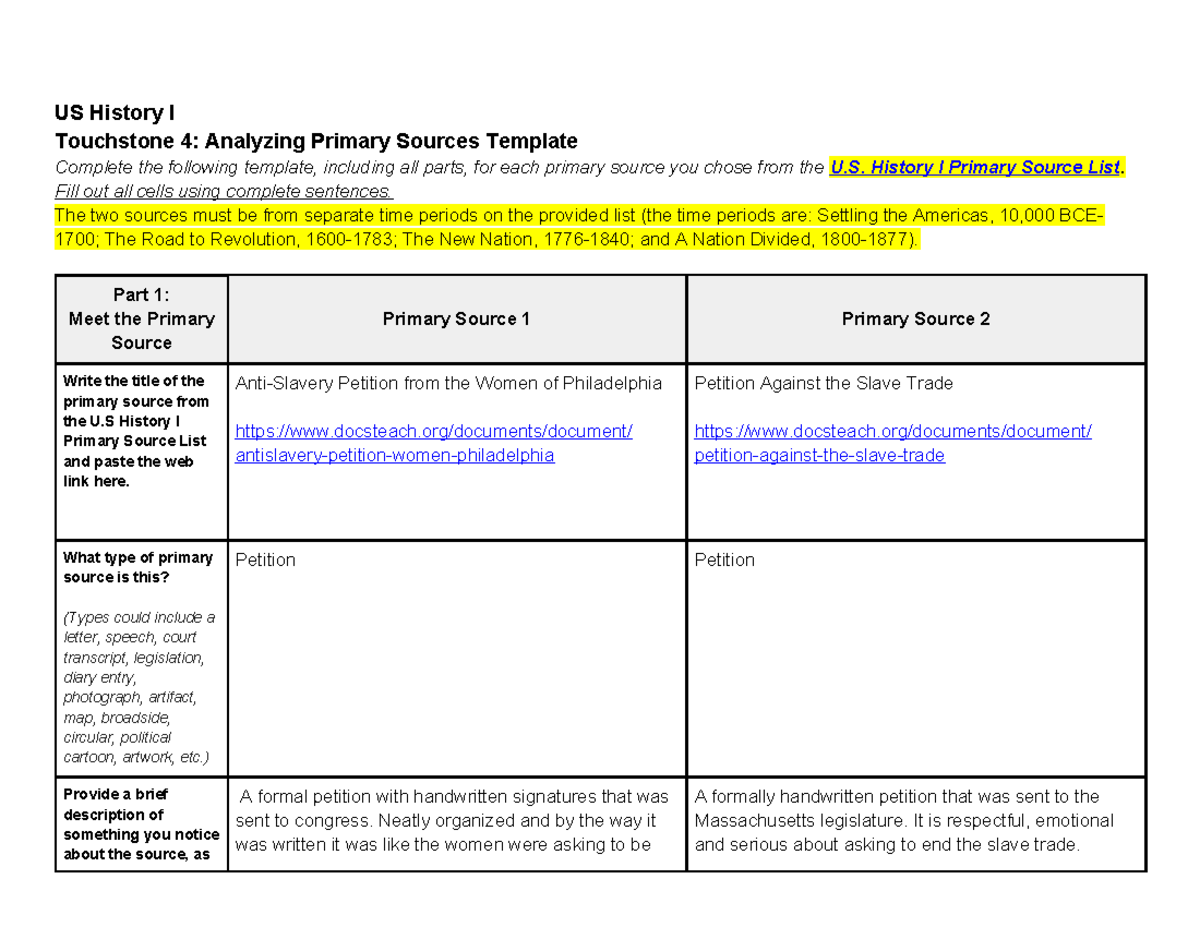 US History I Touchstone 4: Analyzing Primary Sources on Slavery - Studocu