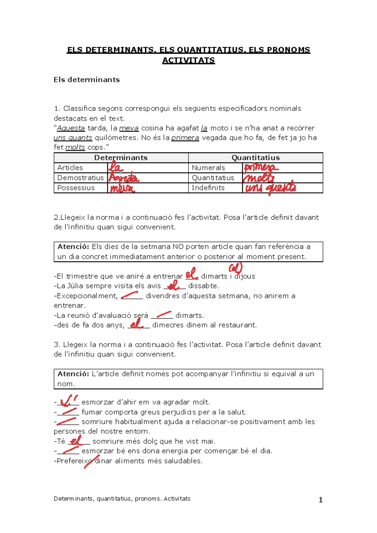 Activitats de Gramàtica: Determinants, Quantitatius i Pronoms - Studocu