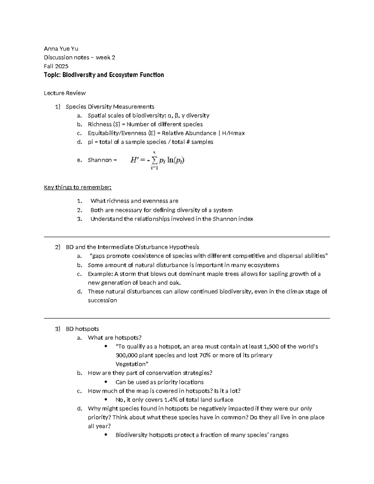 Biodiversity and Ecosystem Function: Discussion Notes (Week 2, Fall ...