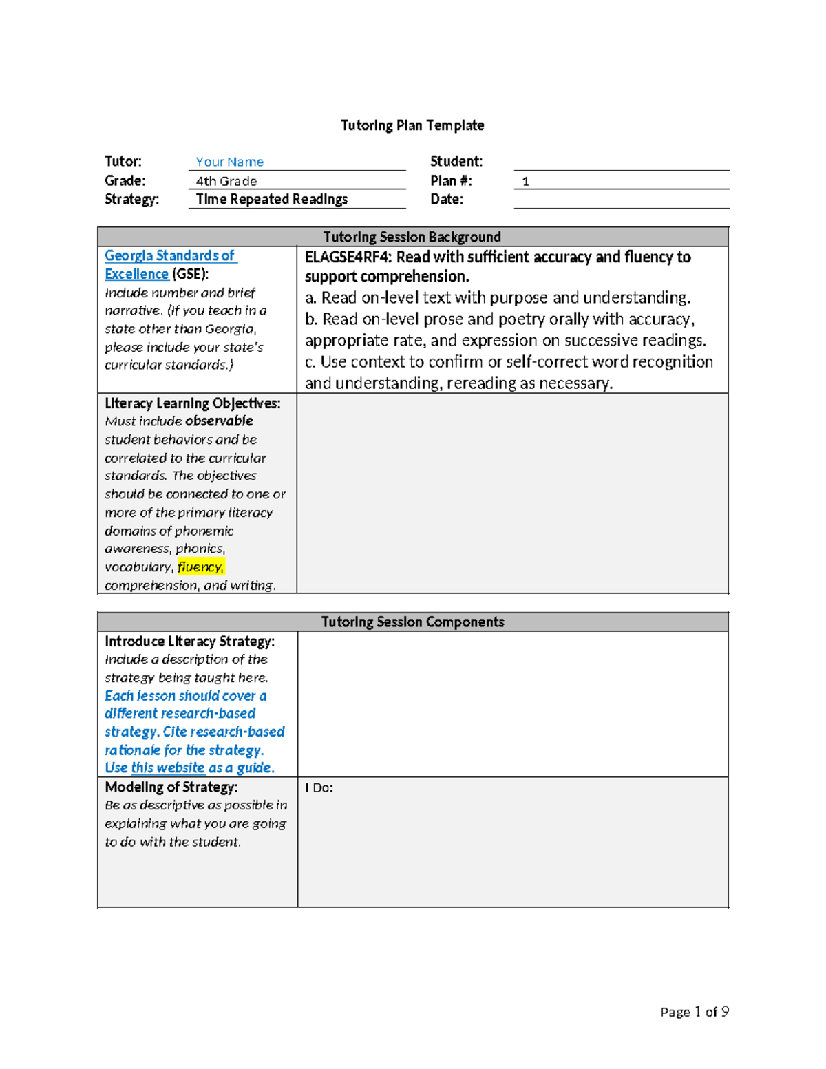 4th Grade Individual Tutoring Lesson Plan Template for Literacy Skills ...