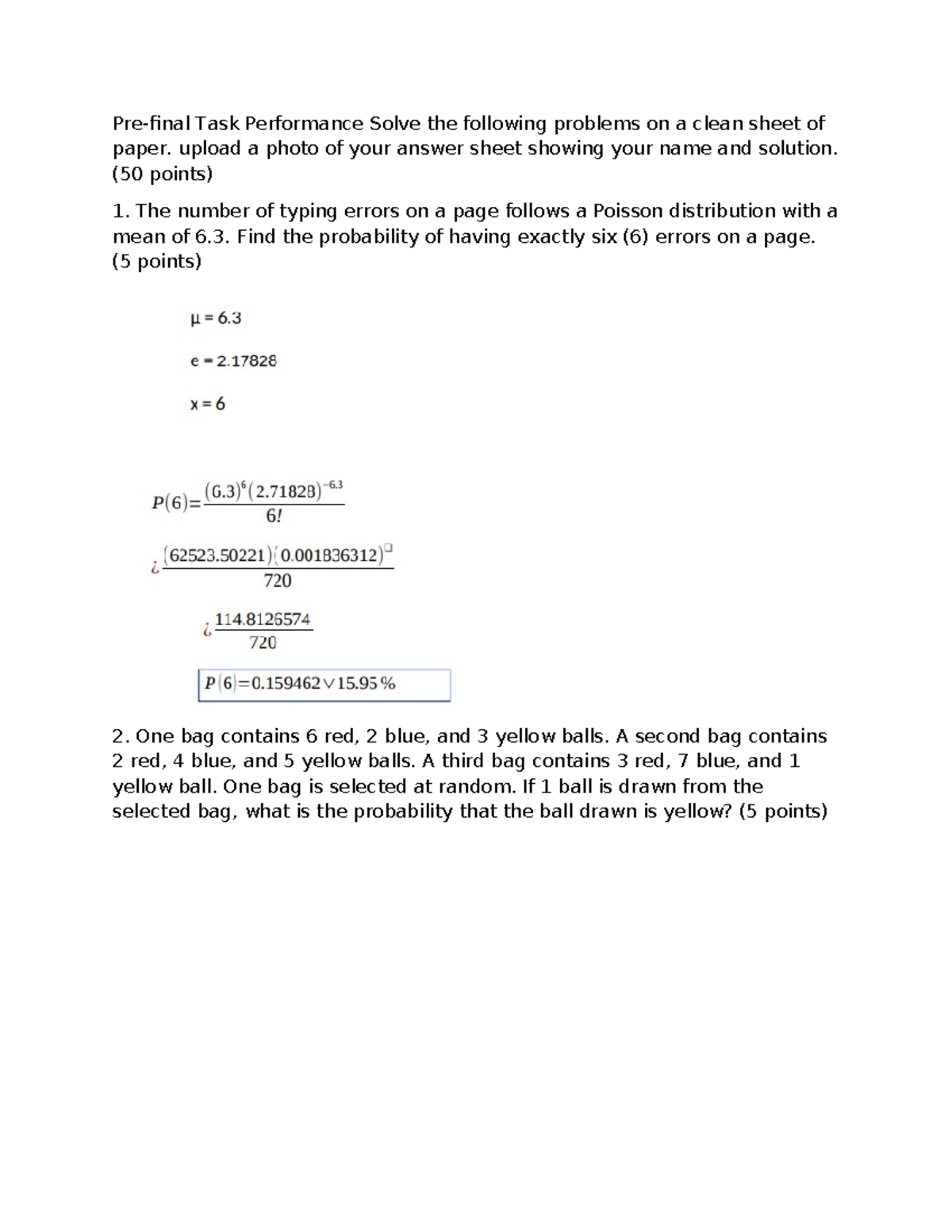 Pre-final Task Performance: Probability Problems Analysis (Course Code ...