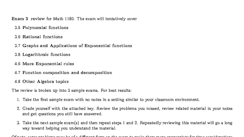 Math 1180 Exam 3 Review: Polynomial, Rational & Exponential Functions ...