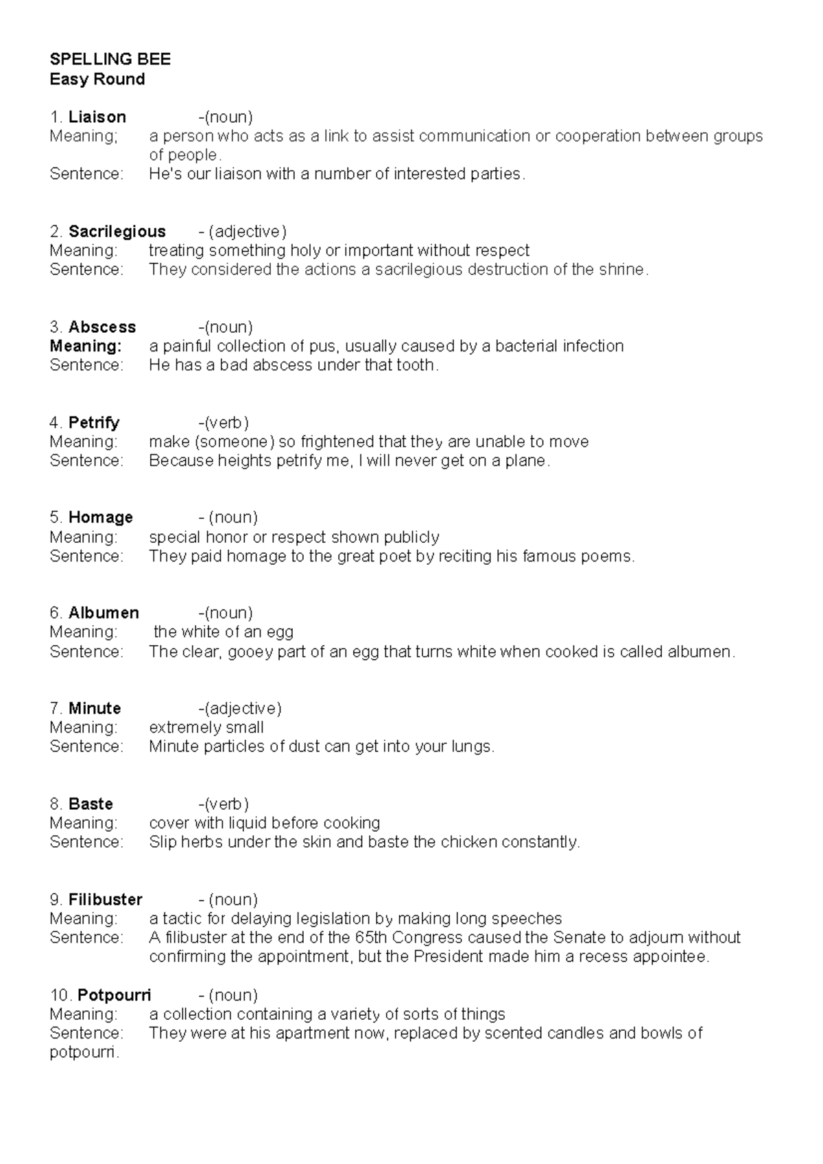 SP123 - Spelling Bee Easy Round 1 Vocabulary List - Studocu