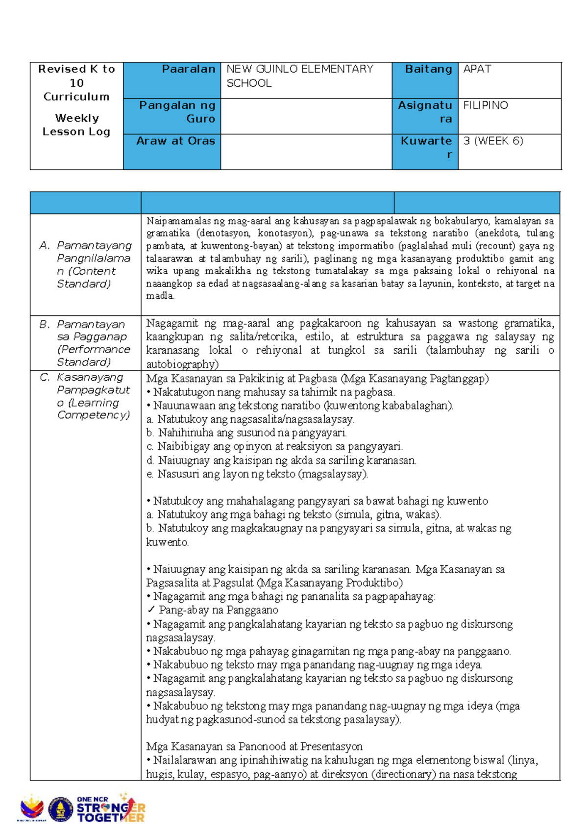 CO Q3 W6 Filipino 4 - Lesson Log on Panggaano (Adverbs of Degree) - Studocu