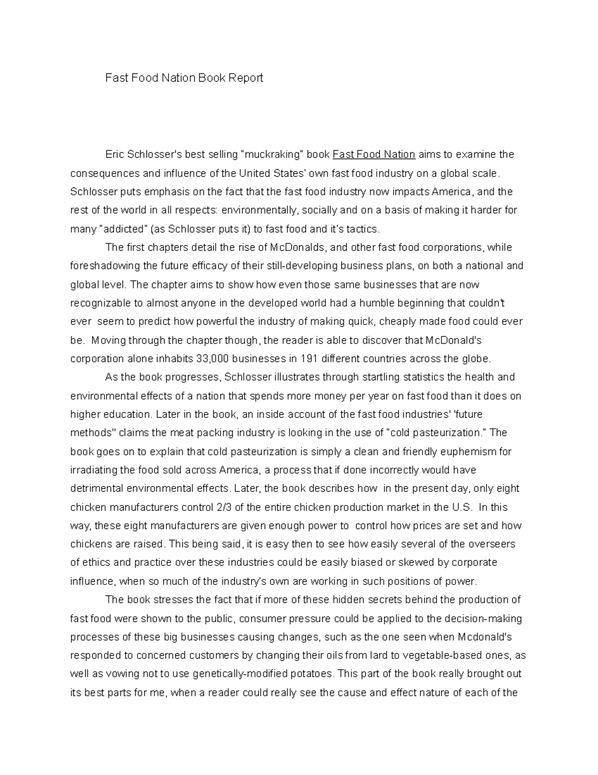 Fast Food Nation: Insights & Impacts - A Book Report Review - Studocu