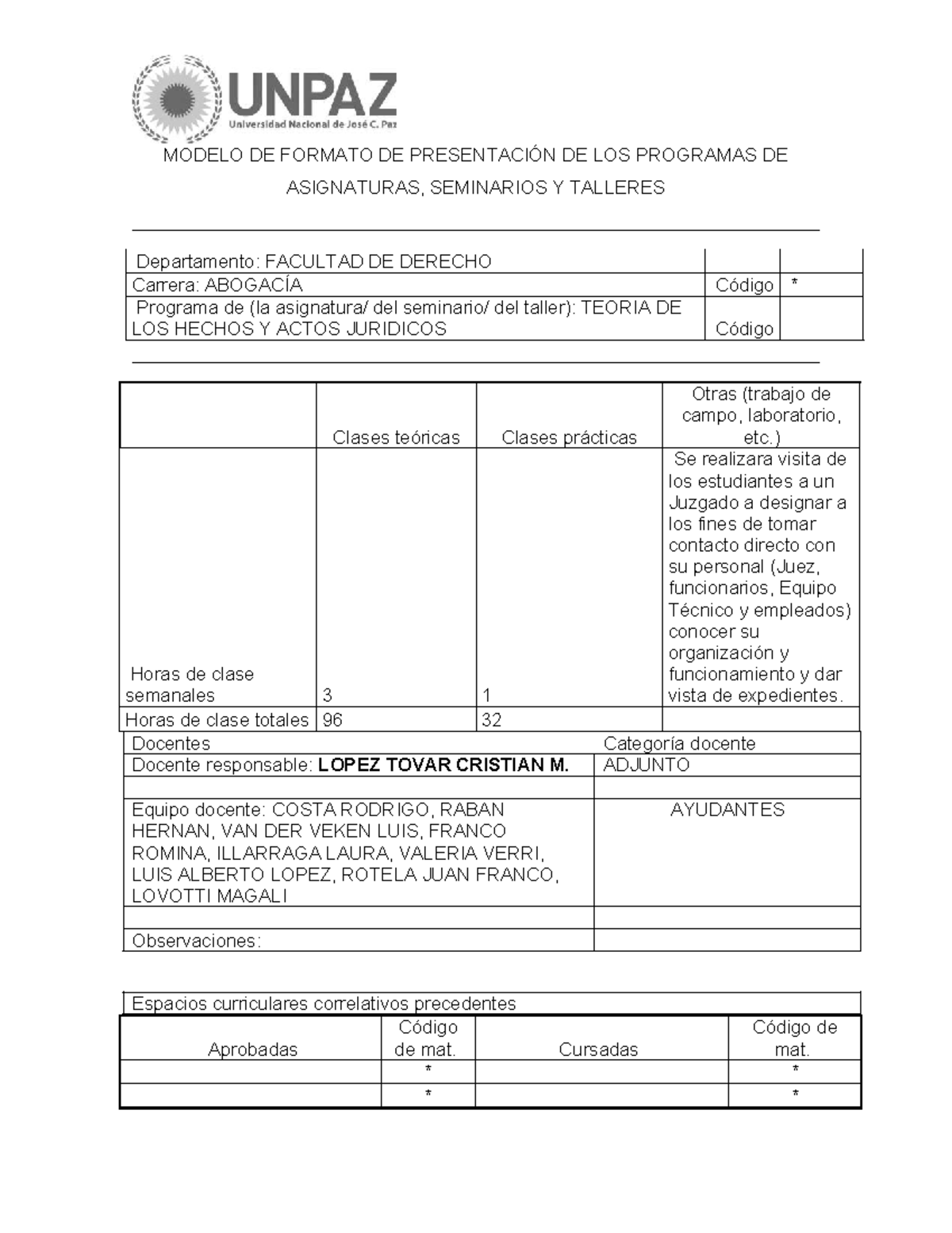 Programa Teoria DE LOS Hechos Y Actos Juridicos - MODELO DE FORMATO DE ...