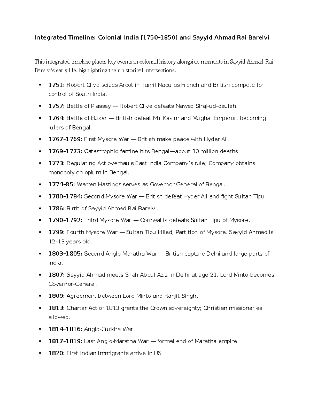 Integrated Timeline: Colonial India [1750-1850] & Sayyid Ahmad Rai ...