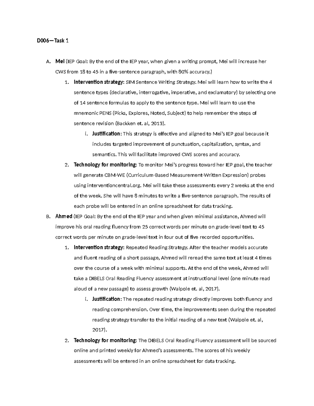 D006 Task 1 - IEP Goals and Strategies for Writing and Reading Fluency ...