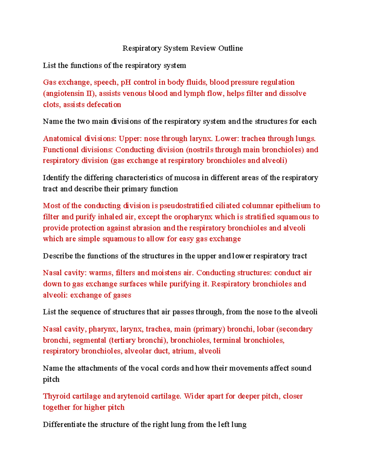 BIO 204 Chapter 23 Respiratory System Review Outline - Studocu