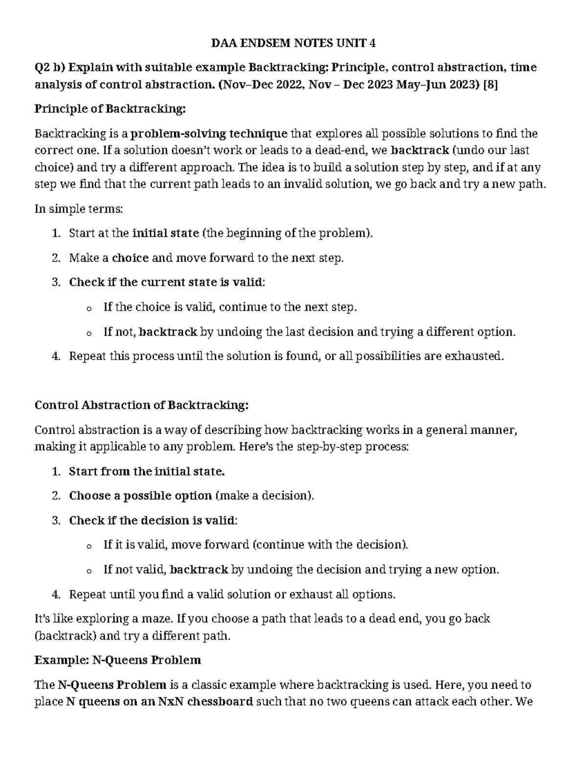 DAA ENDSEM NOTES: Backtracking Principles & Time Analysis - Studocu