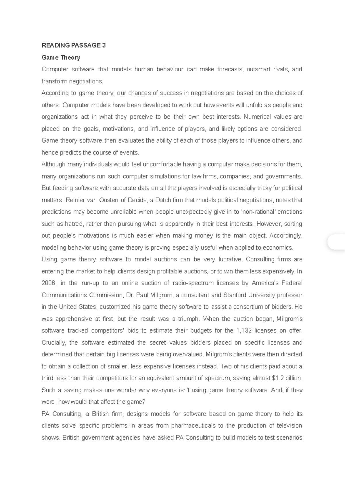 PASSAGE: Game Theory Applications in Behavioral Predictions - Studocu