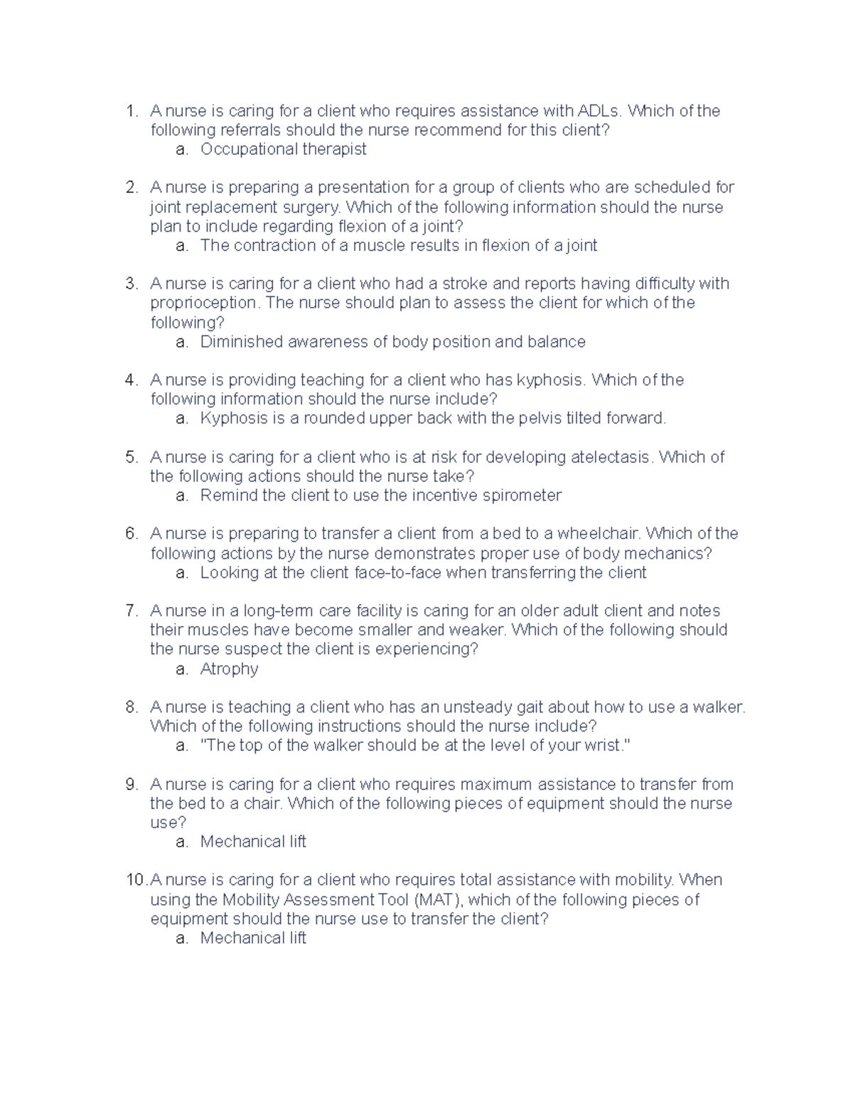 Mobility Assignment Quizlet Answers for Nursing 101 - Studocu