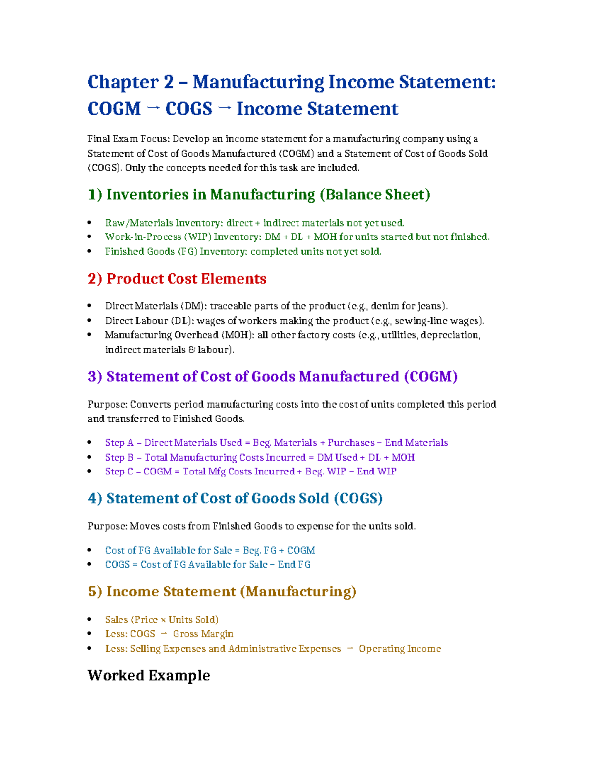 Chapter 2: Manufacturing Income Statement Notes (Final Exam Focus ...