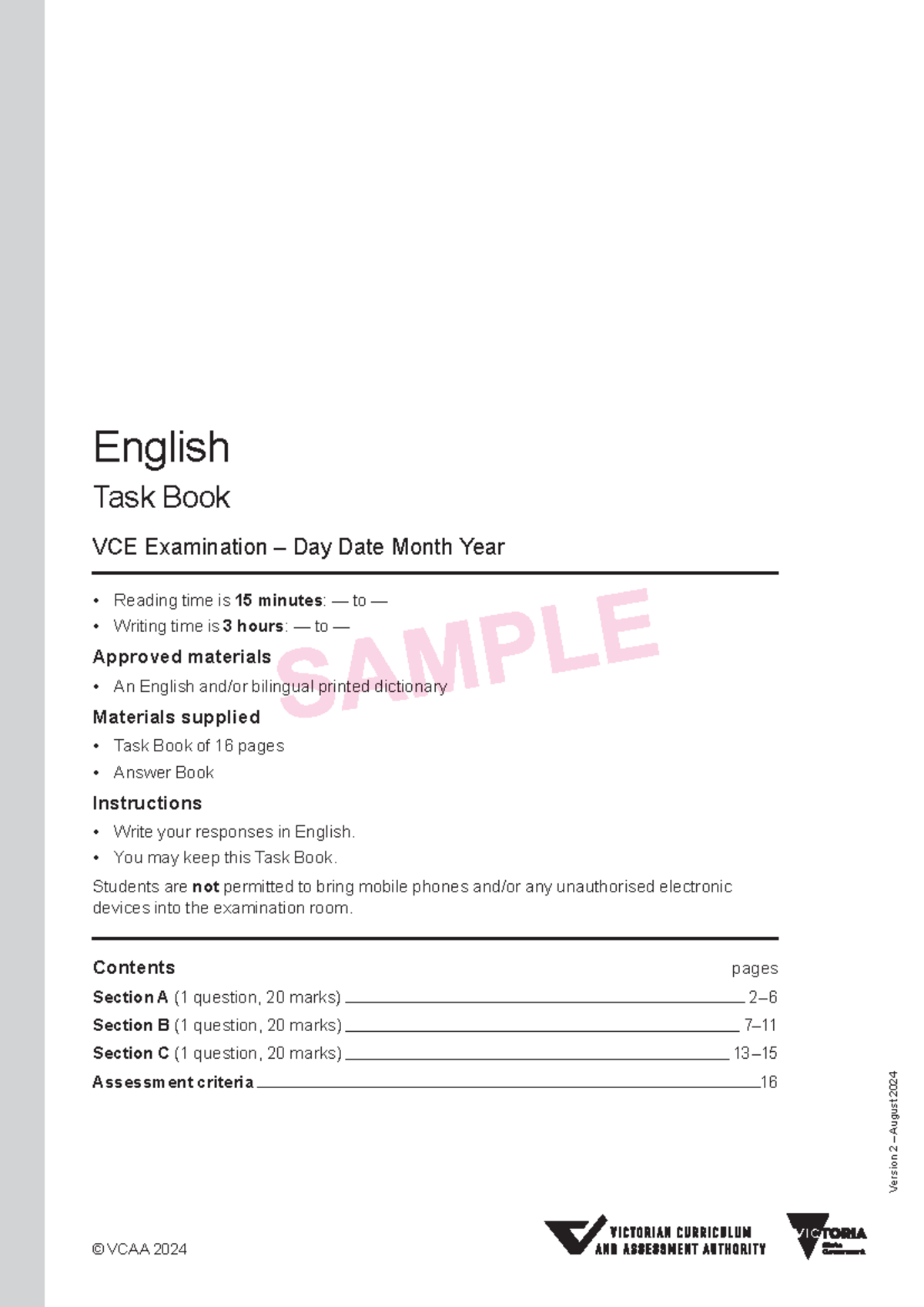 VCE English Sample Exam - Task Book and Instructions - Studocu