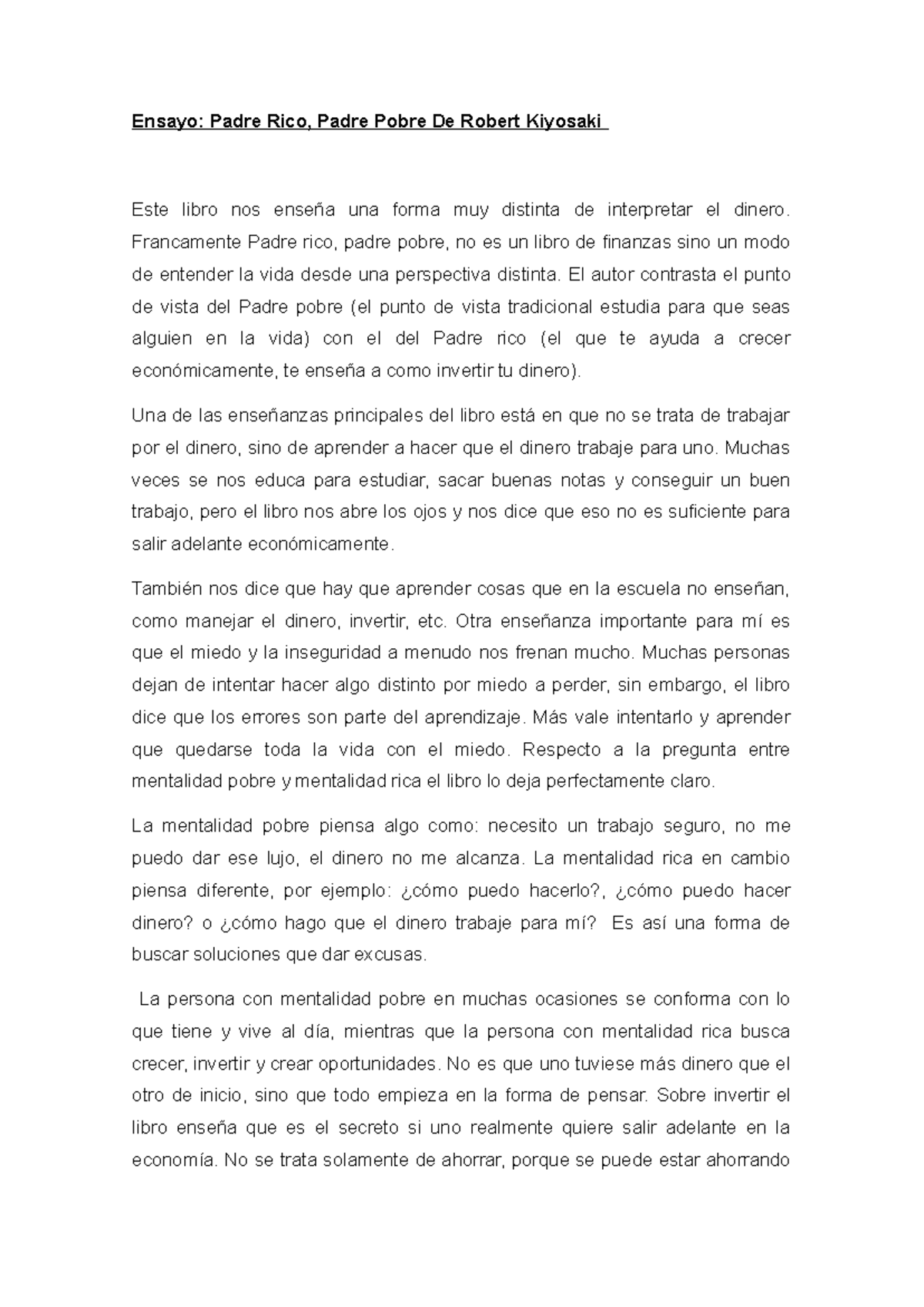 Ensayo: Padre Rico, Padre Pobre - Lecciones de Finanzas y Mentalidad ...