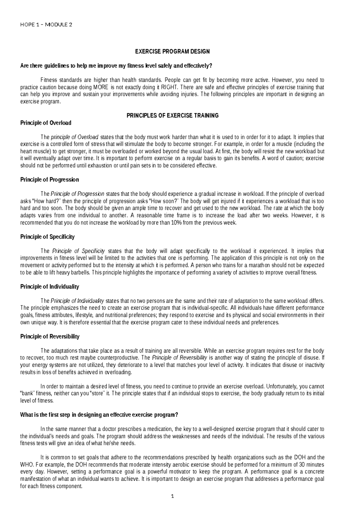 HOPE 1 - Module 2: Guidelines for Safe and Effective Exercise Program ...