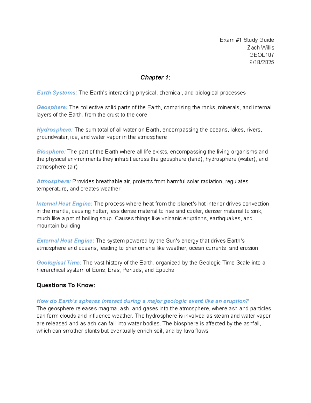 GEOL107 Exam #1 Study Guide: Earth Systems & Volcanic Processes - Studocu