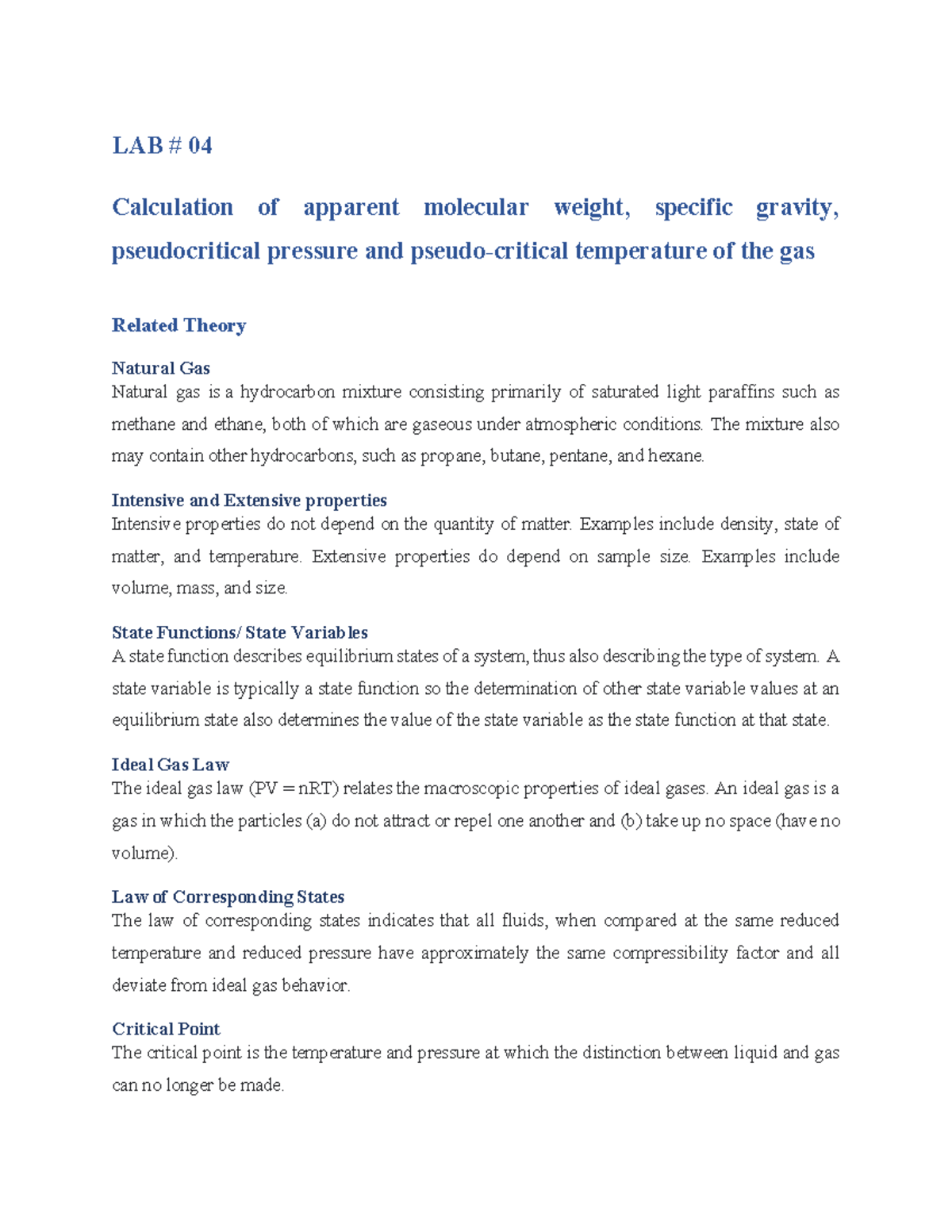NGE LAB 04 - Calculation of Molecular Weight & Specific Gravity - Studocu