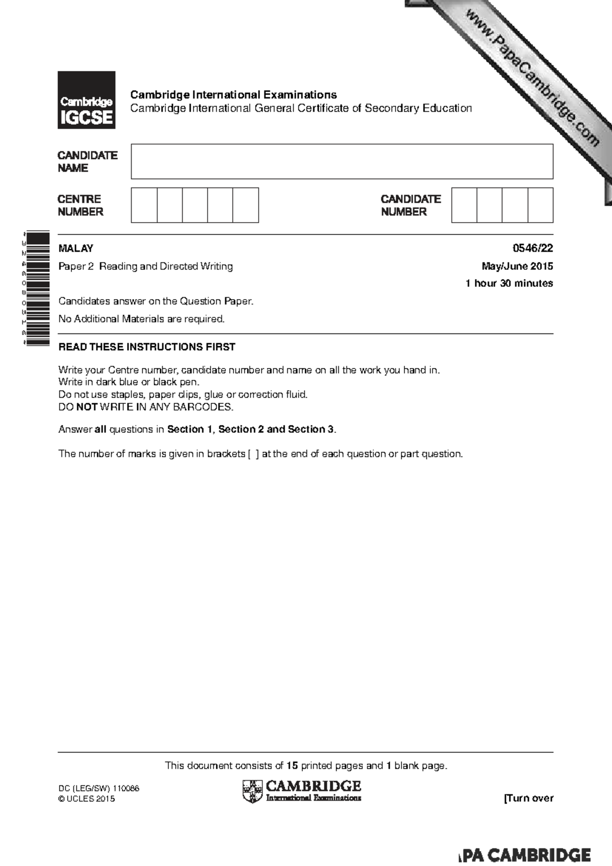 2015 MALAY 0546 Paper 2 Reading & Directed Writing Exam Guide - Studocu