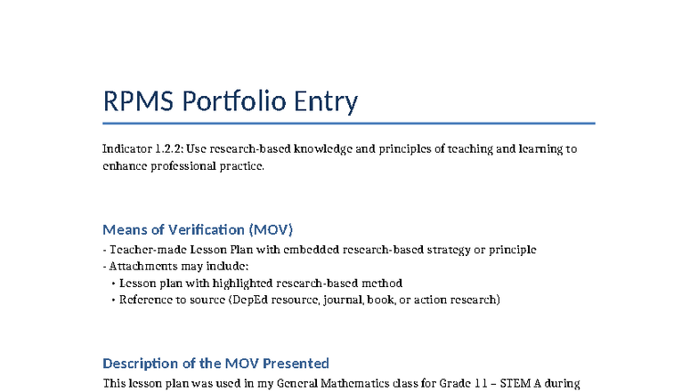 RPMS Portfolio Entry 1.2.2: Enhancing Teaching with Collaborative ...