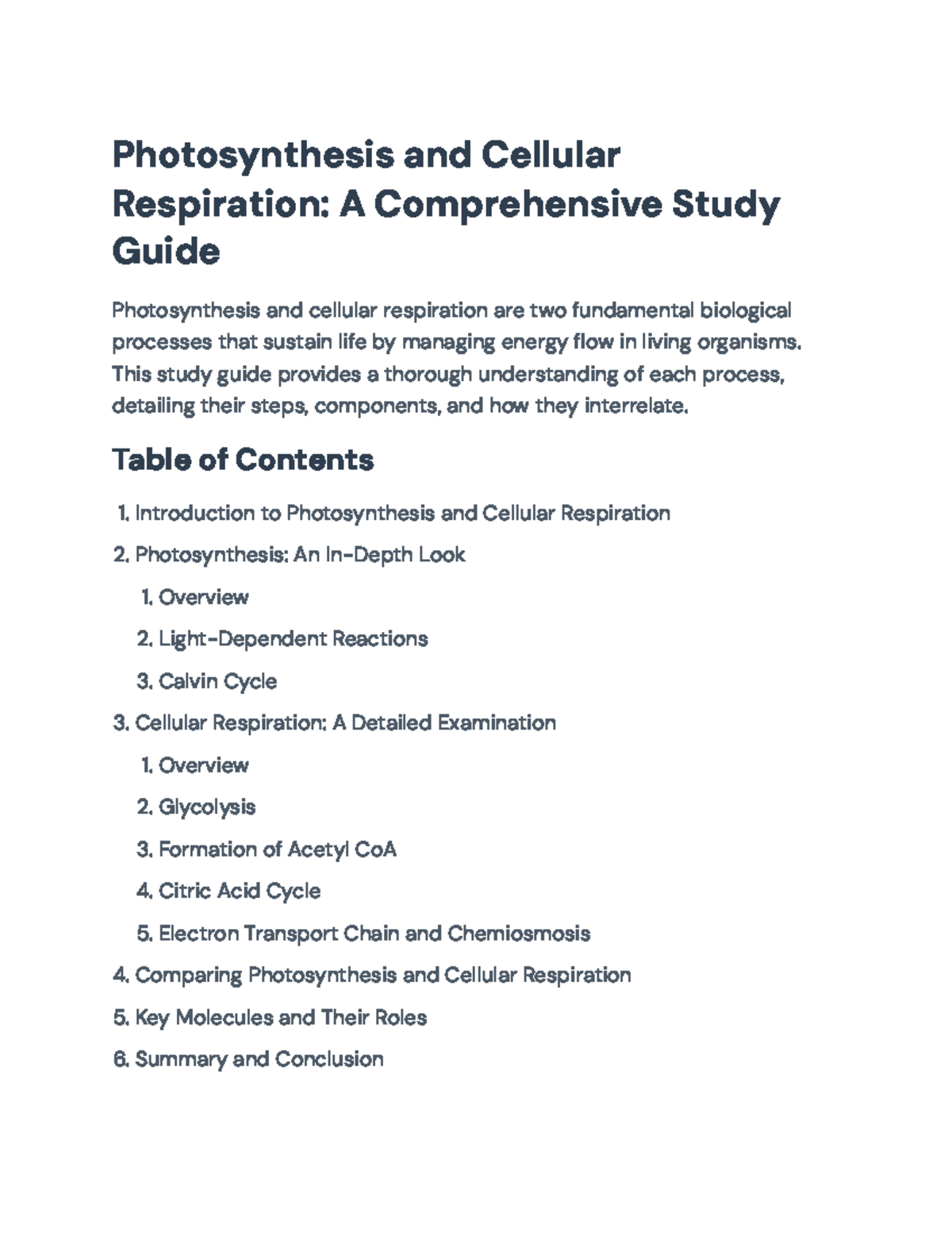 Photosynthesis and Cellular Respiration Study Guide (Biology 101 ...