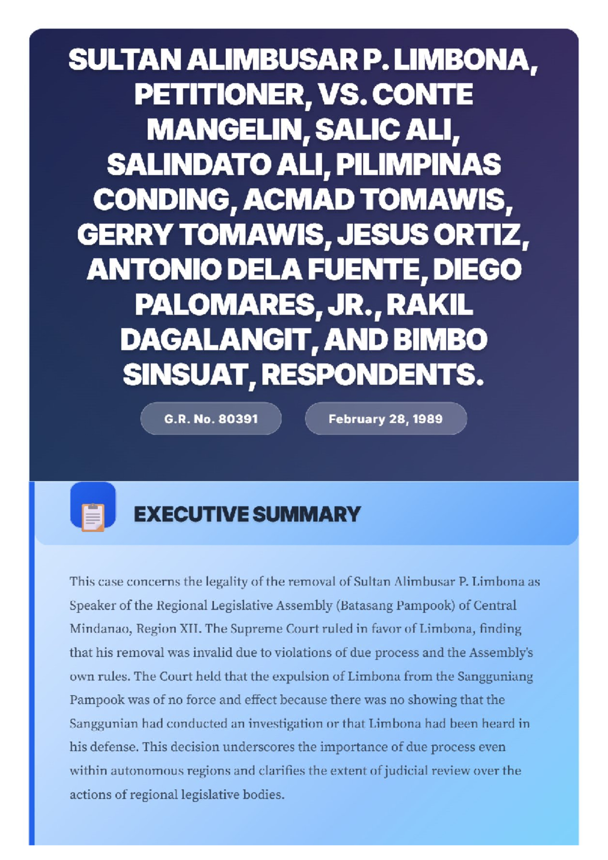G.R. No. 80391 (1989) - Executive Summary on Limbona vs. Mangelin Case - Studocu