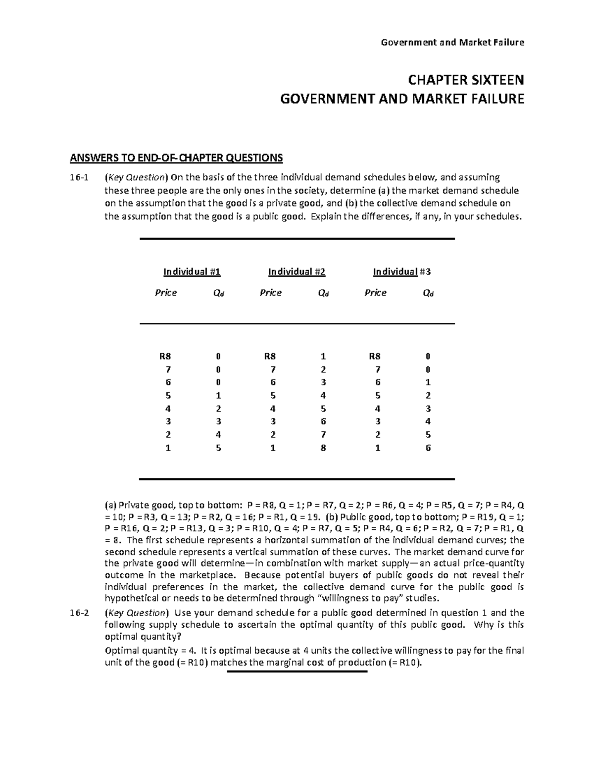 Chapter 16 Answers to End-of-Chapter Questions on Gov & Market Failure ...
