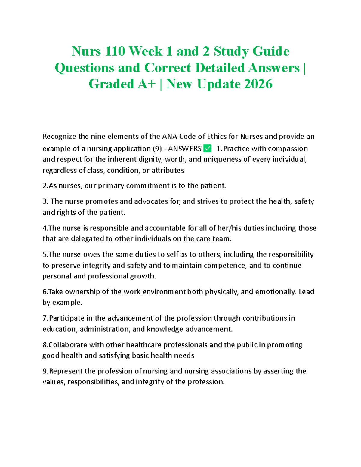 Nurs 110 Week 1 & 2 Study Guide: ANA Code of Ethics & Nursing Process ...