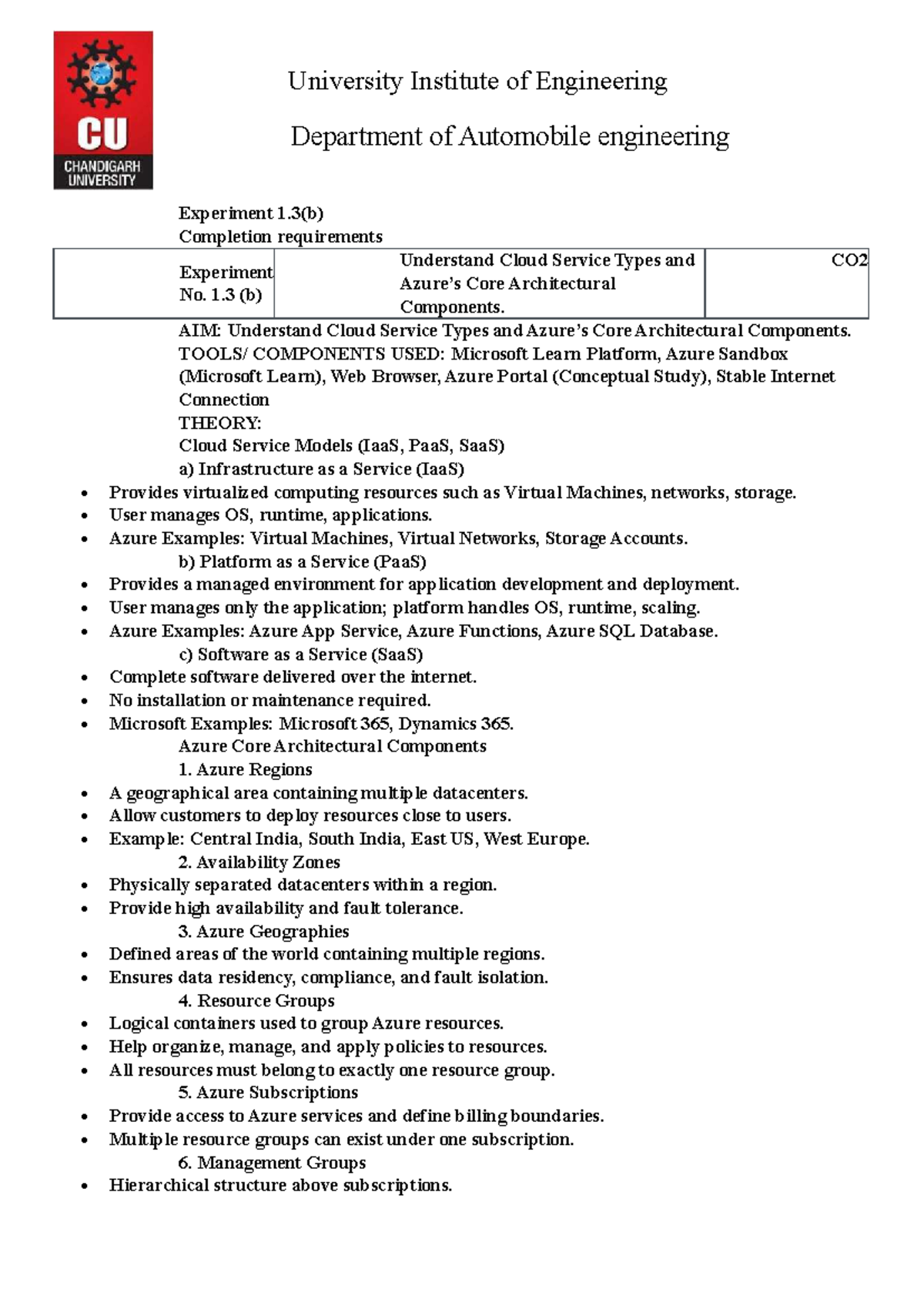 Experiment 1.3(b): Understanding Cloud Service Types & CO2 Components ...